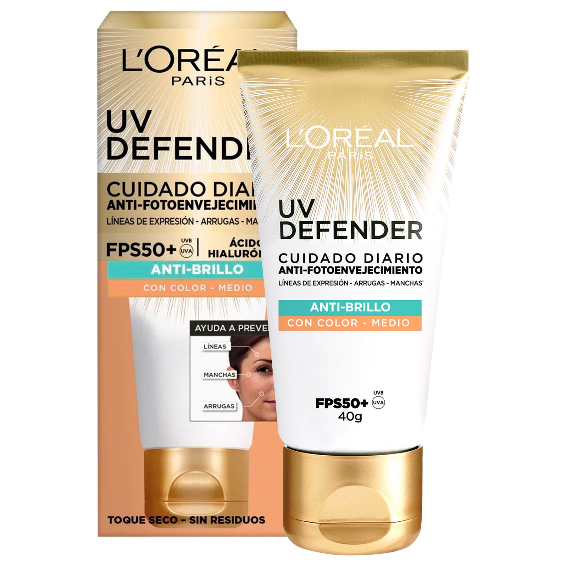 Protector Solar Facial L'Oréal París UV Defender Hidratante FPS 50+ - Tono Medio 40gr, MiBelleza.